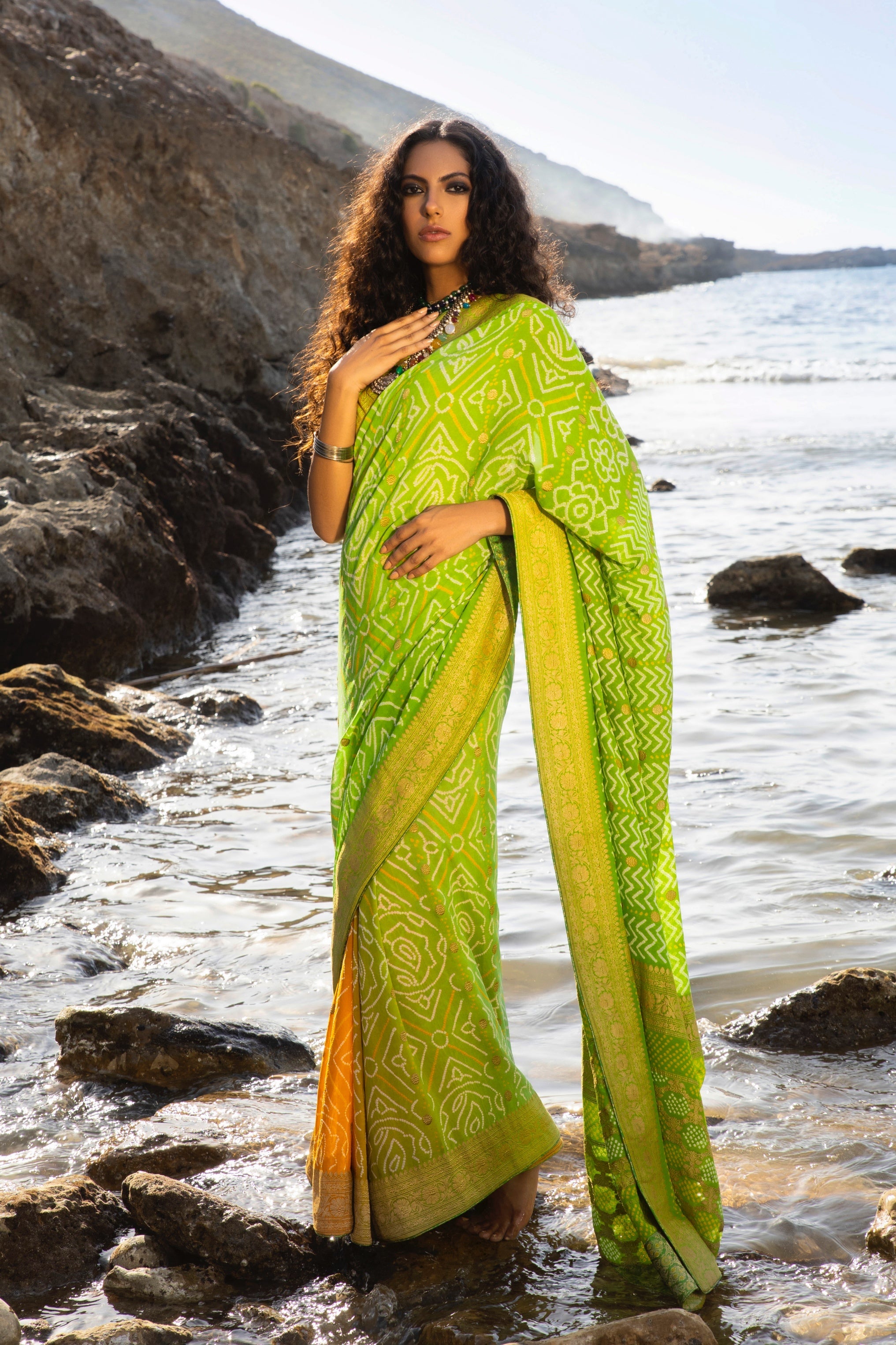 Zesty Lime Green & Saffron Saree – niazis.pk